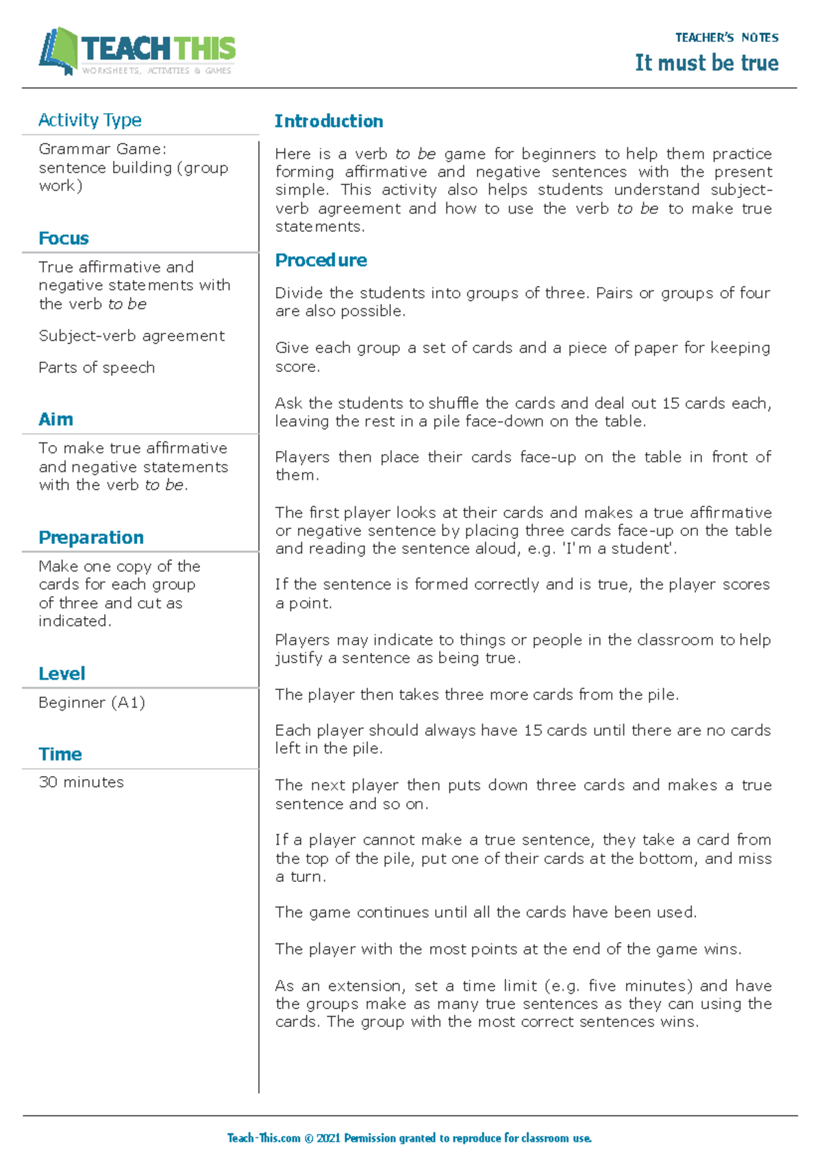 A1 Grammar Game: Verb to Be Sentence Building Activity - Studocu