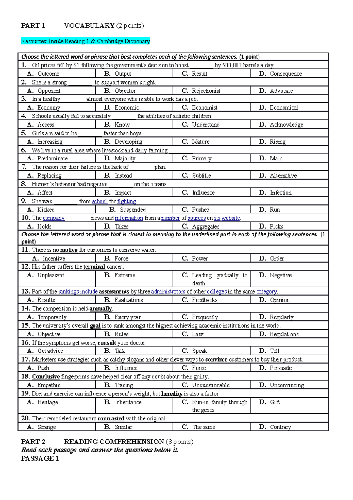 Homeworks for speaking, writing English A2 - PART 1 VOCABULARY (2 ...