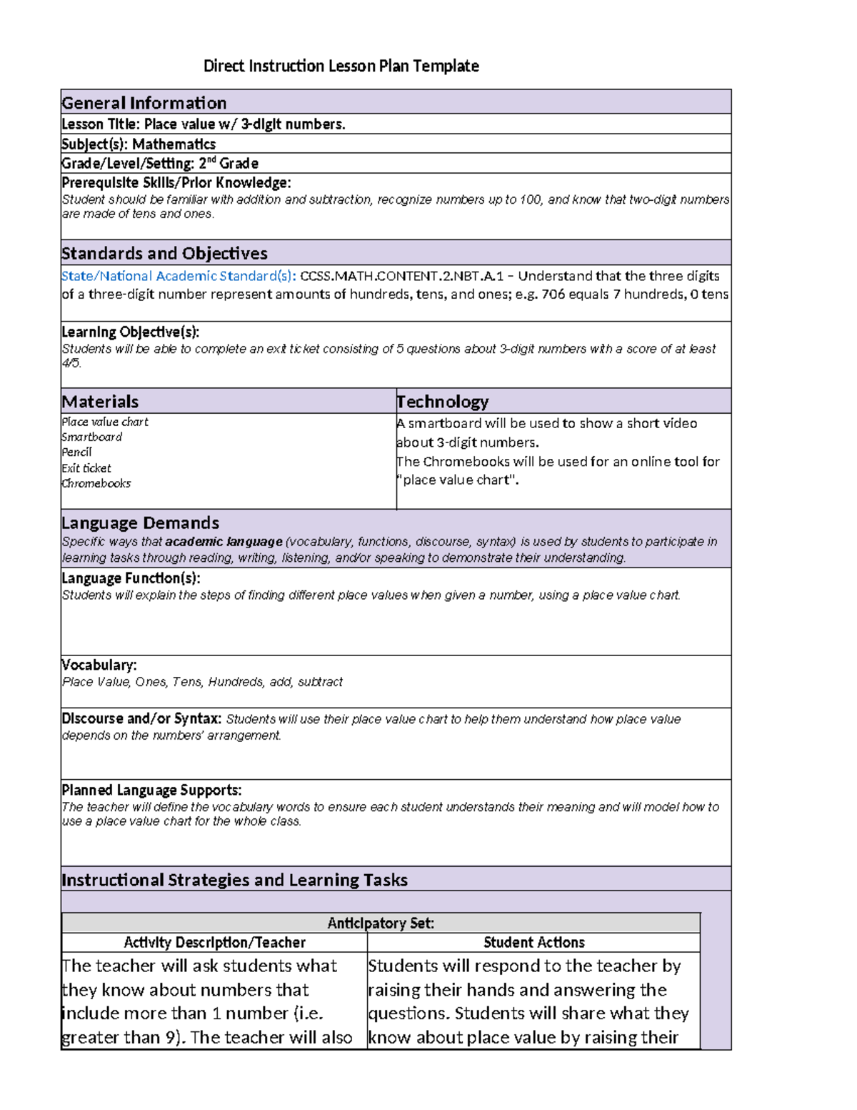 C109 Task 1 - Lesson plan. Passed. - Direct Instruction Lesson Plan ...