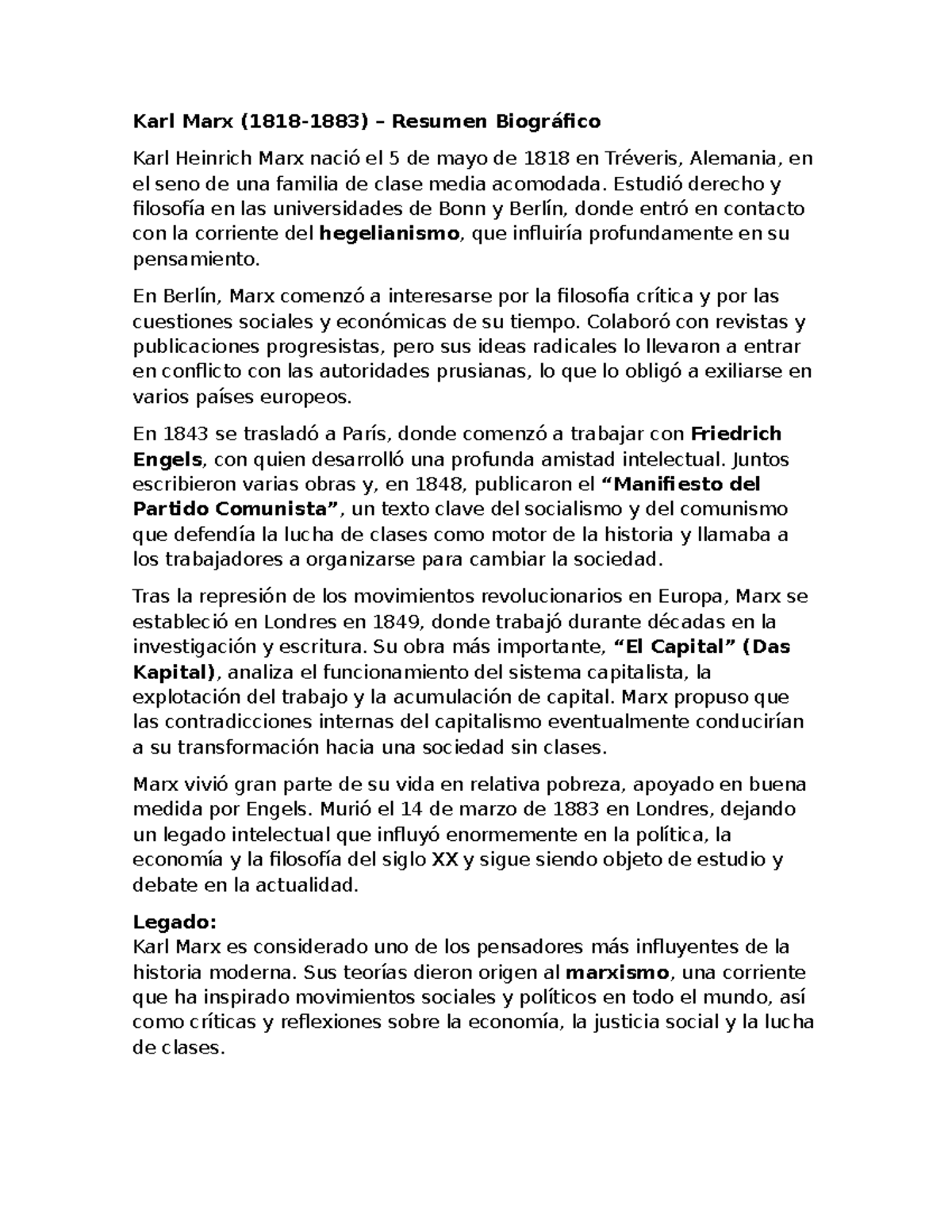 Biografía de Karl Marx: Influencias y Legado Histórico - Studocu