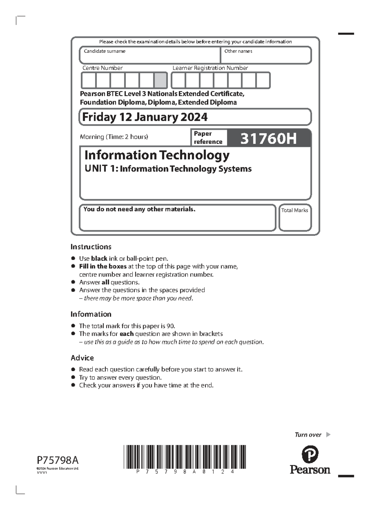 Question Paper - Unit 1 - Information Technology Systems (31760H ...
