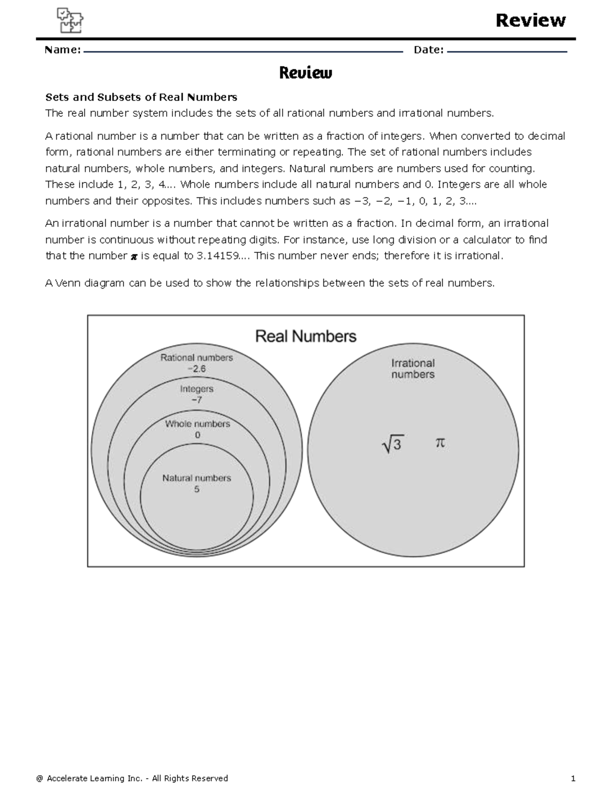 8.2 Reteach Review: Sets, Subsets, and Real Numbers - Studocu