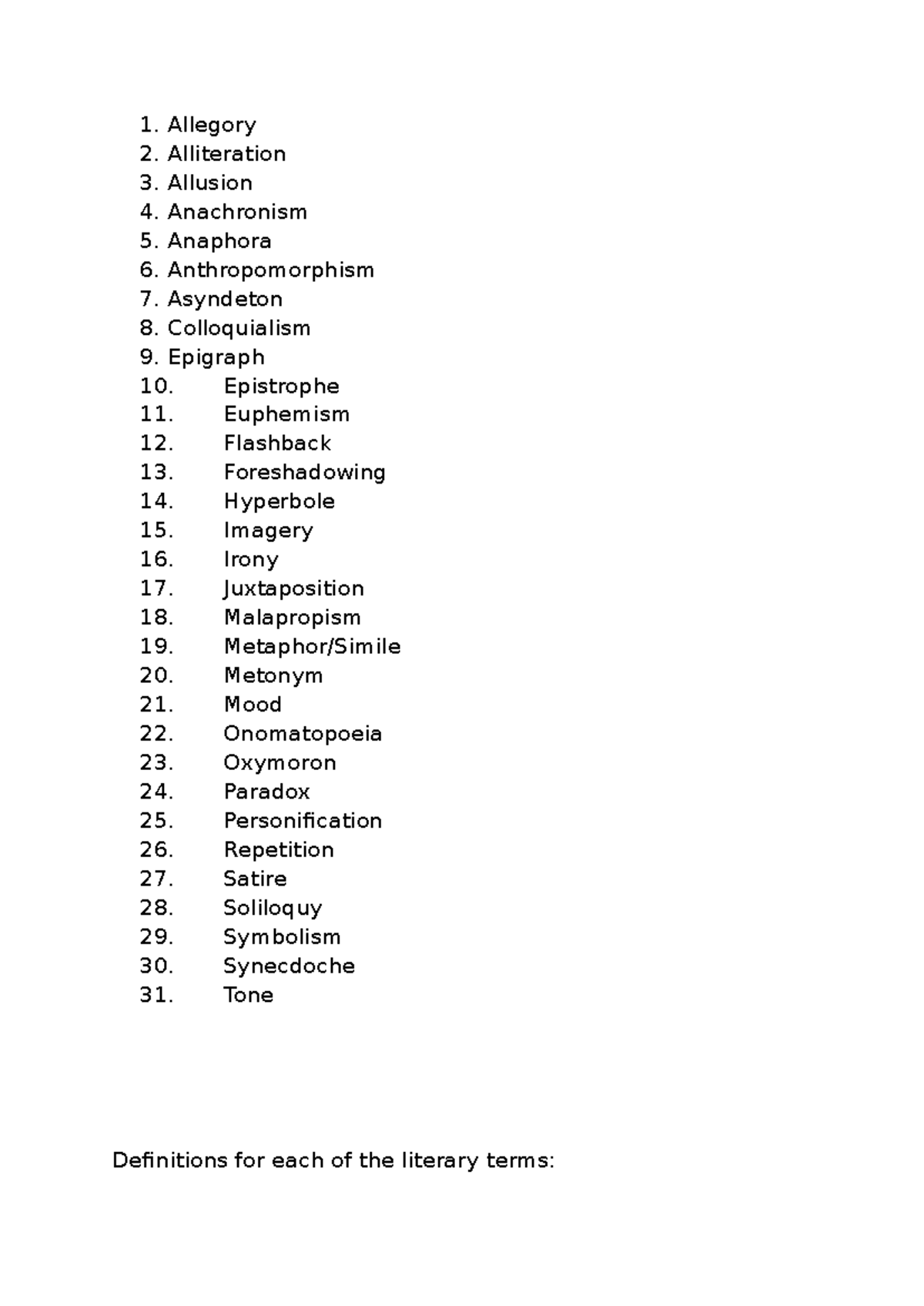 ENG101: 31 Essential Literary Techniques and Their Definitions - Studocu