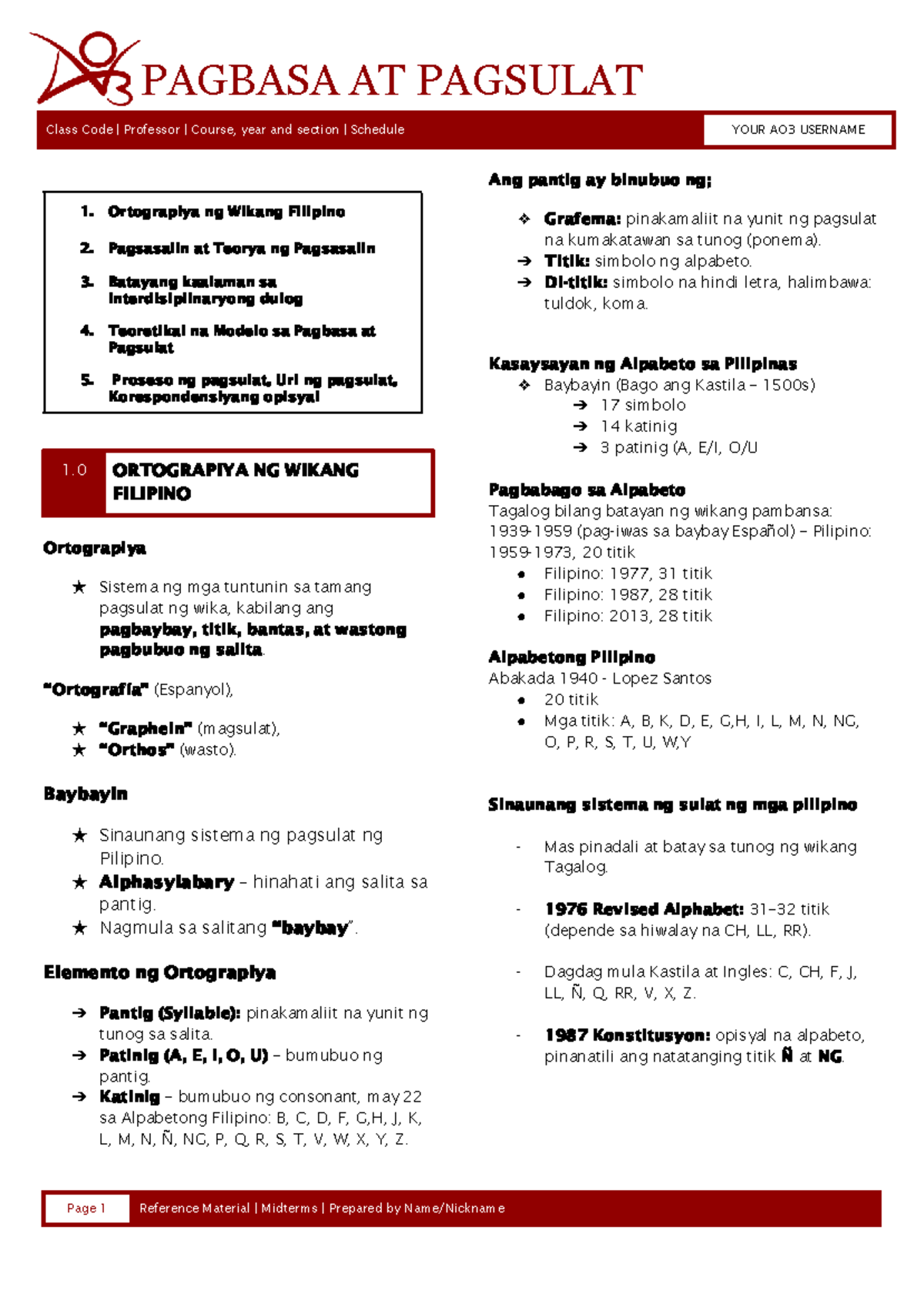 PAGBASA AT PAGSULAT: Midterm Review Notes (Class Code) - Studocu