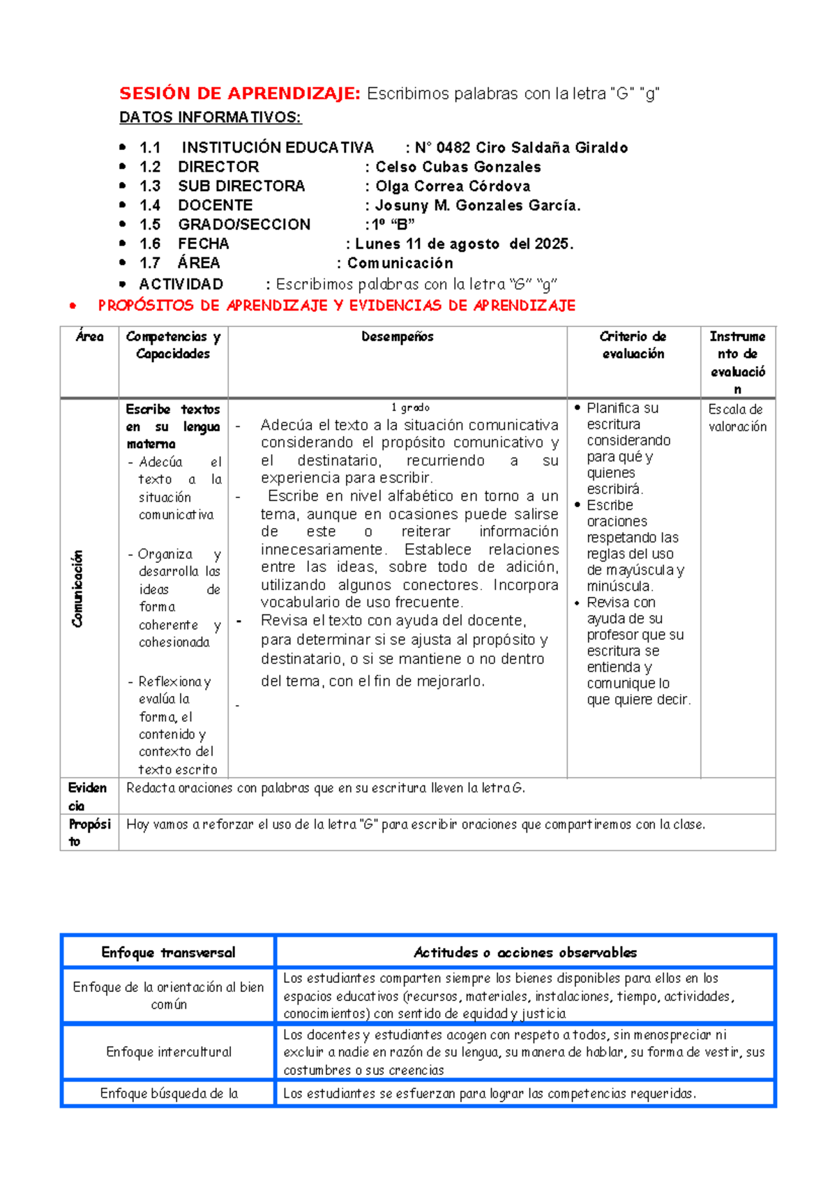 SESION DE APRENDIZAJE: Escribimos Palabras con la Letra G - 1º Grado ...