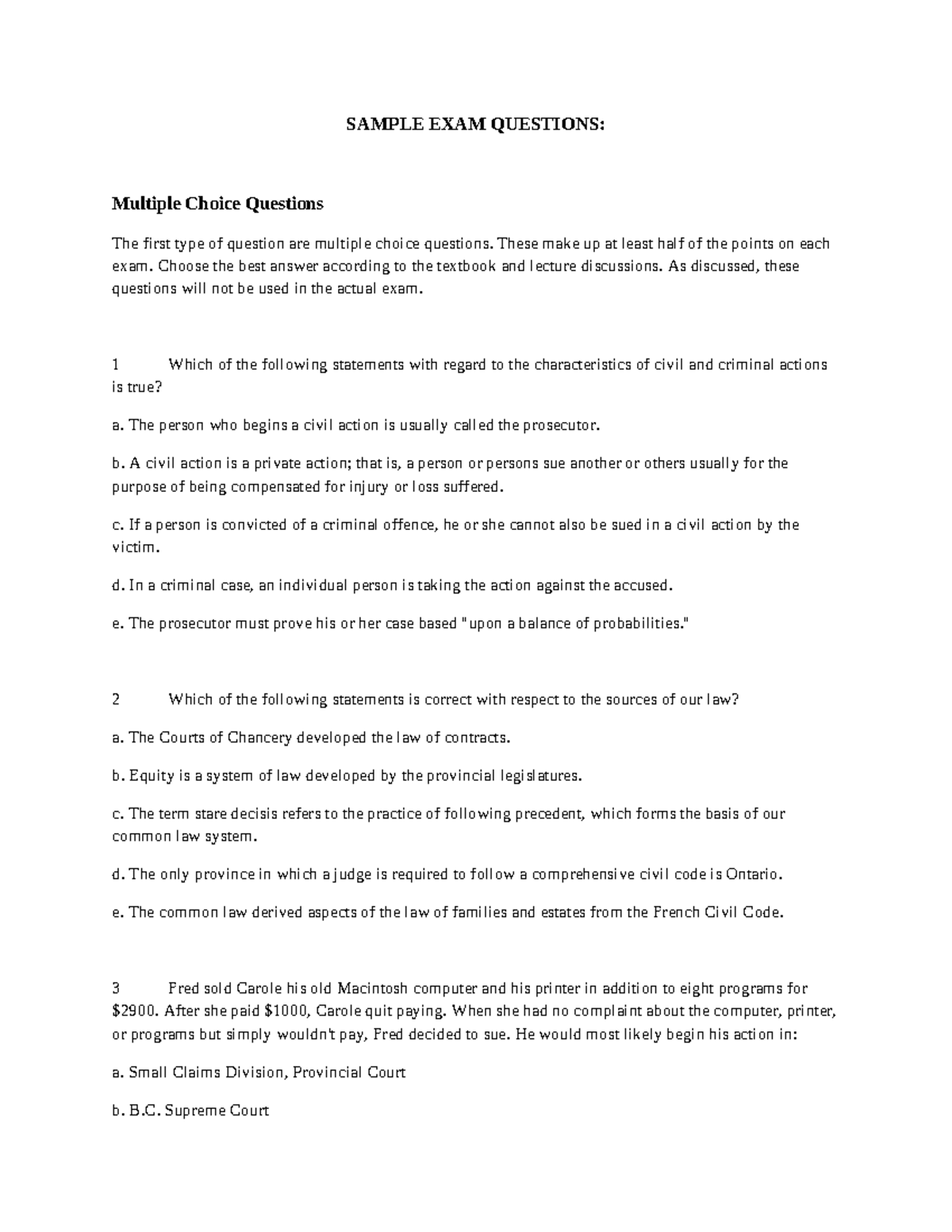 Sample midterm exam 1 - SAMPLE EXAM QUESTIONS: Multiple Choice ...