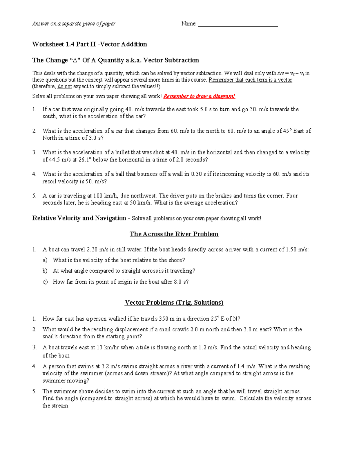 Kinematics Questions: Worksheet 1.4 - Vector Subtraction & Change of ...