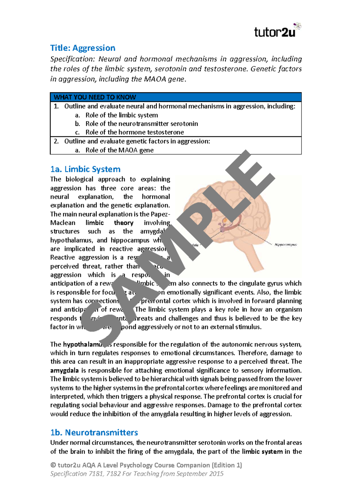 Aggression Companion Notes: Neural, Hormonal & Media Influences (AQA ...