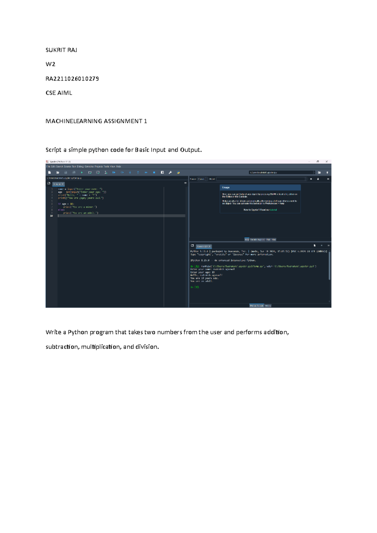 Sukritraj ML Assig 1 - SUKRIT RAJ W RA CSE AIML MACHINELEARNING ASSIGNMENT 1 Script a simple ...