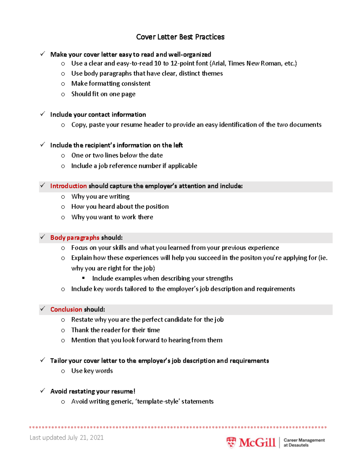 BCom Cover Letter Best Practices Checklist 2021 - Studocu