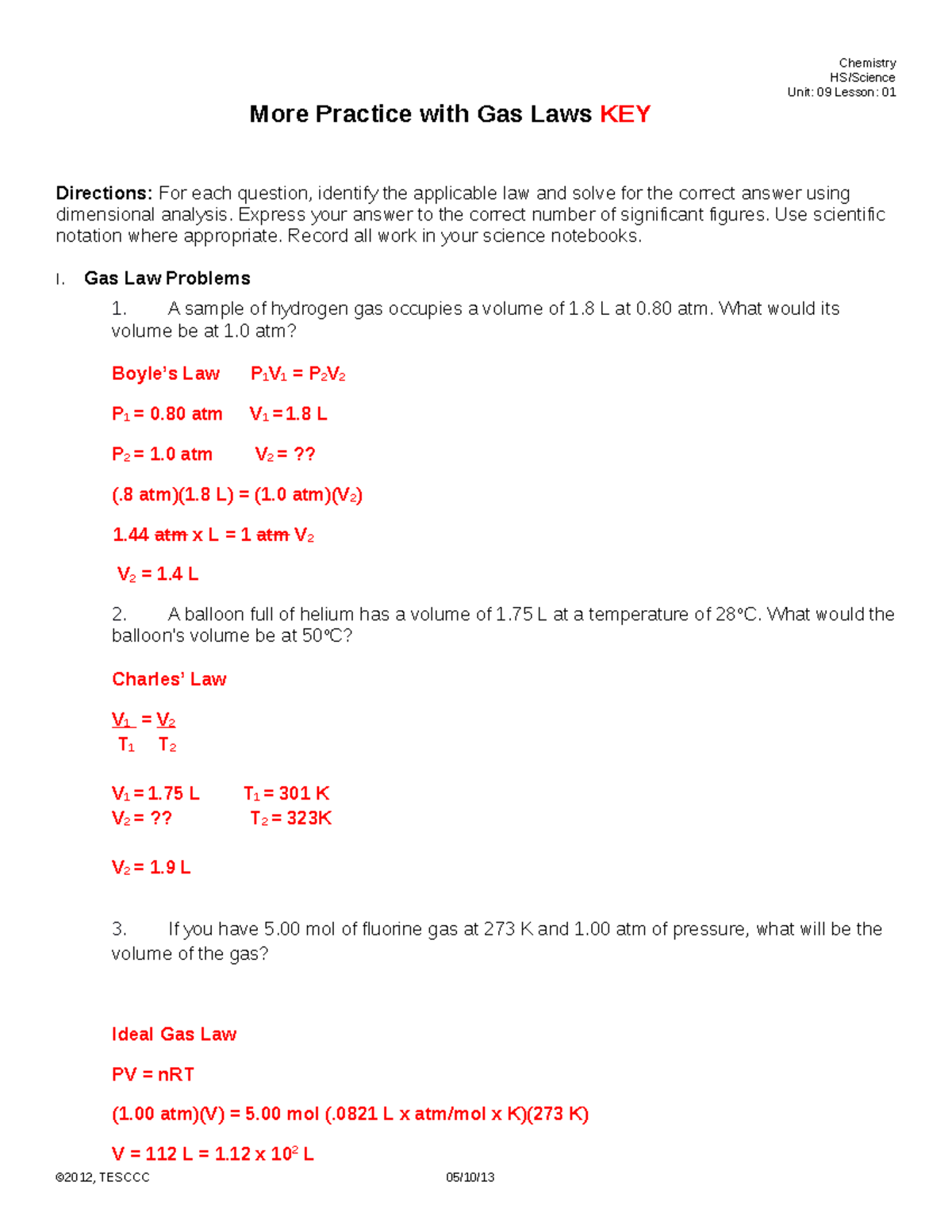 HS/Science Unit 09 Gas Laws Practice Problems and Solutions - Studocu
