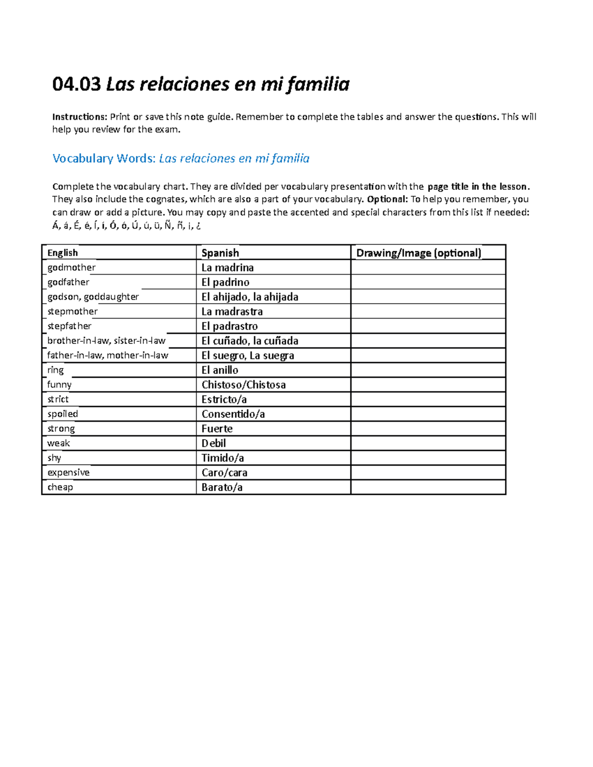 04.03 Family Relationships - Spanish 1 Study Notes for Exam - Studocu
