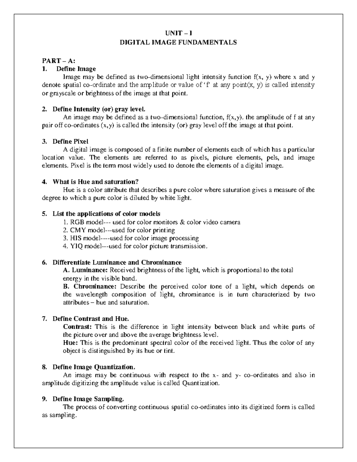 Unit 1 Digital Image Fundamentals And Processing Techniques Studocu