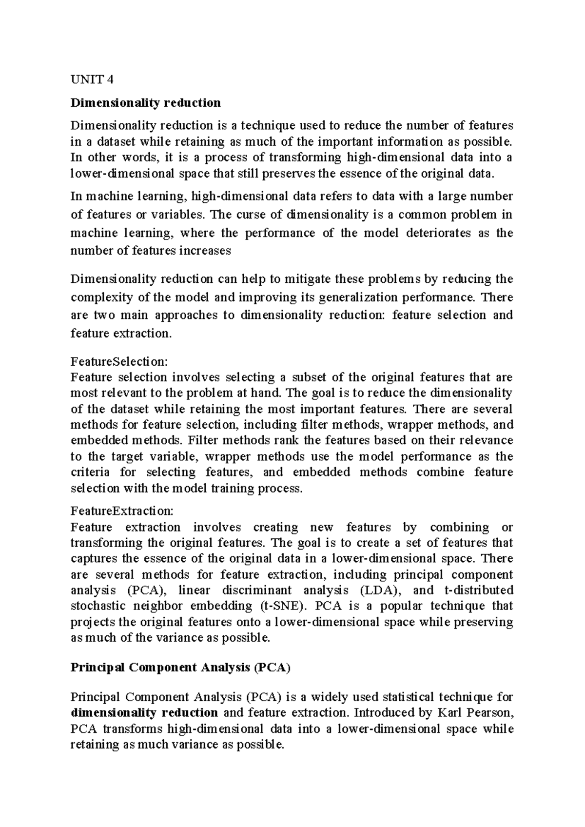 ML JNTUH B.Tech Unit 4: Dimensionality Reduction Techniques - Studocu