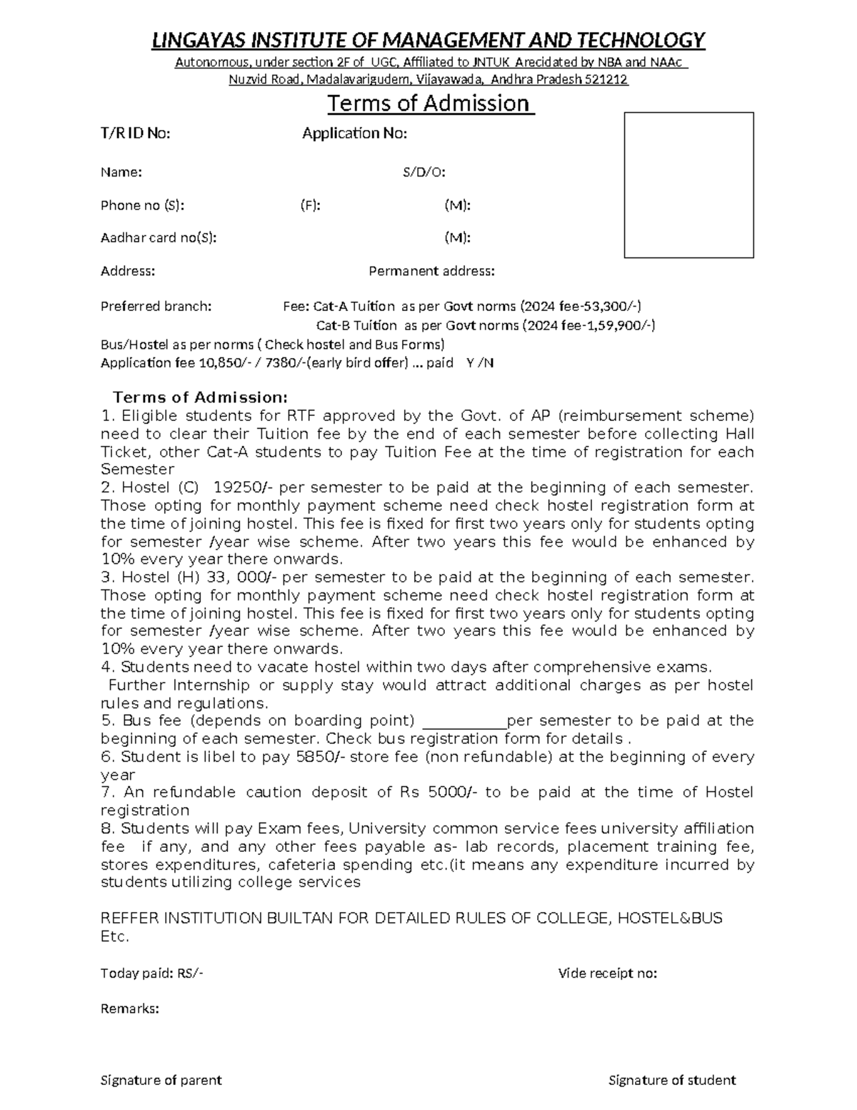 Terms of Admission & Fee Structure for LINGAYAS IMT 2024 - Studocu