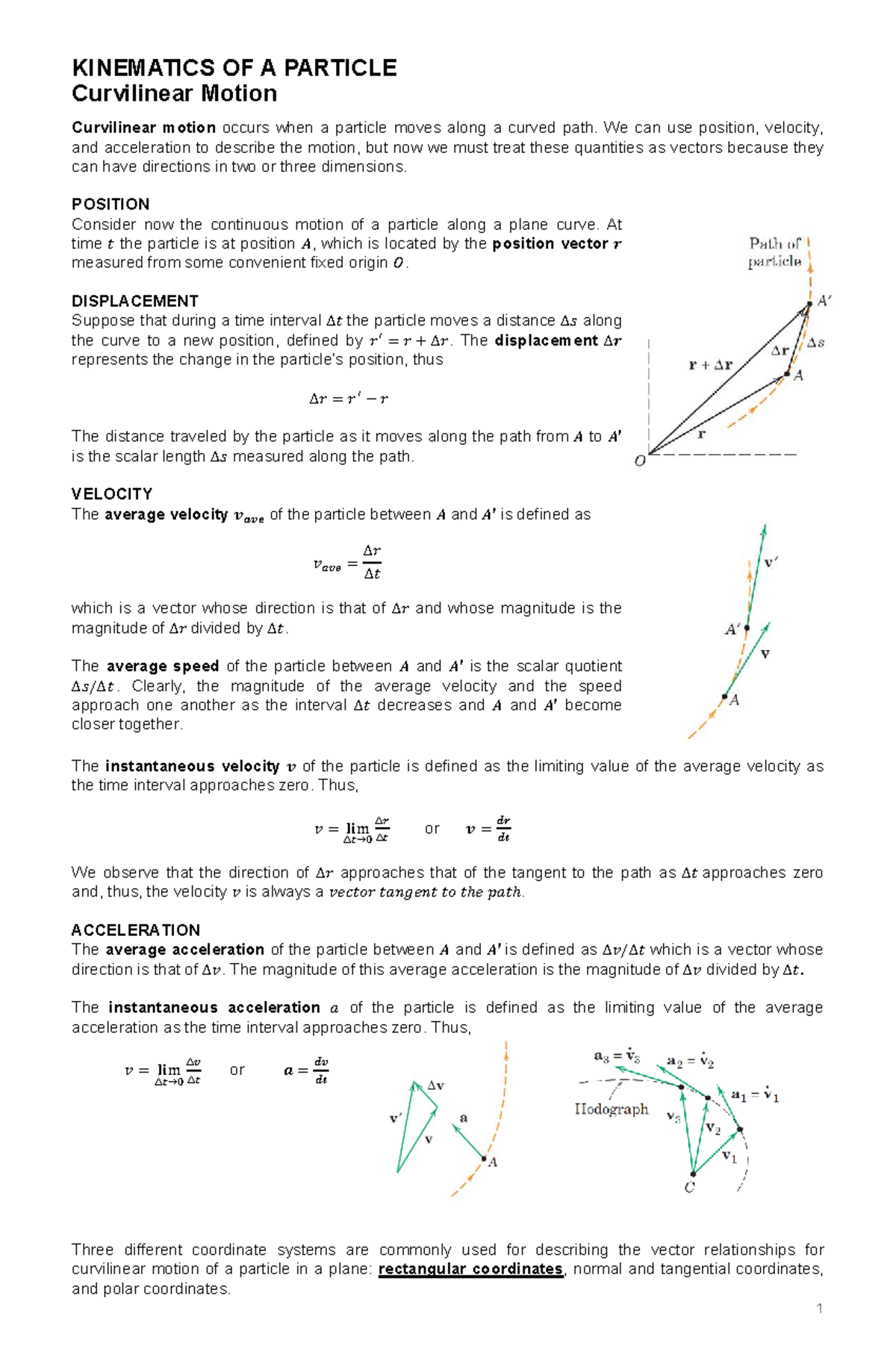 KINEMATICS OF A PARTICLE: Curvilinear Motion Analysis (ENGR 101) - Studocu