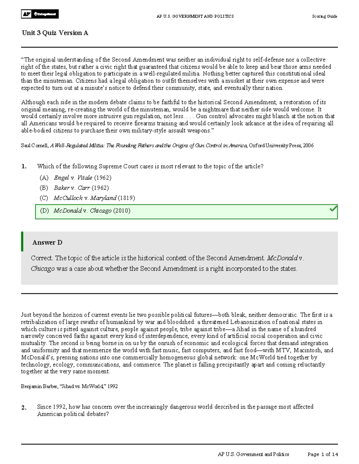 AP U.S. Government & Politics: Unit 3 Quiz Version A Guide - Studocu