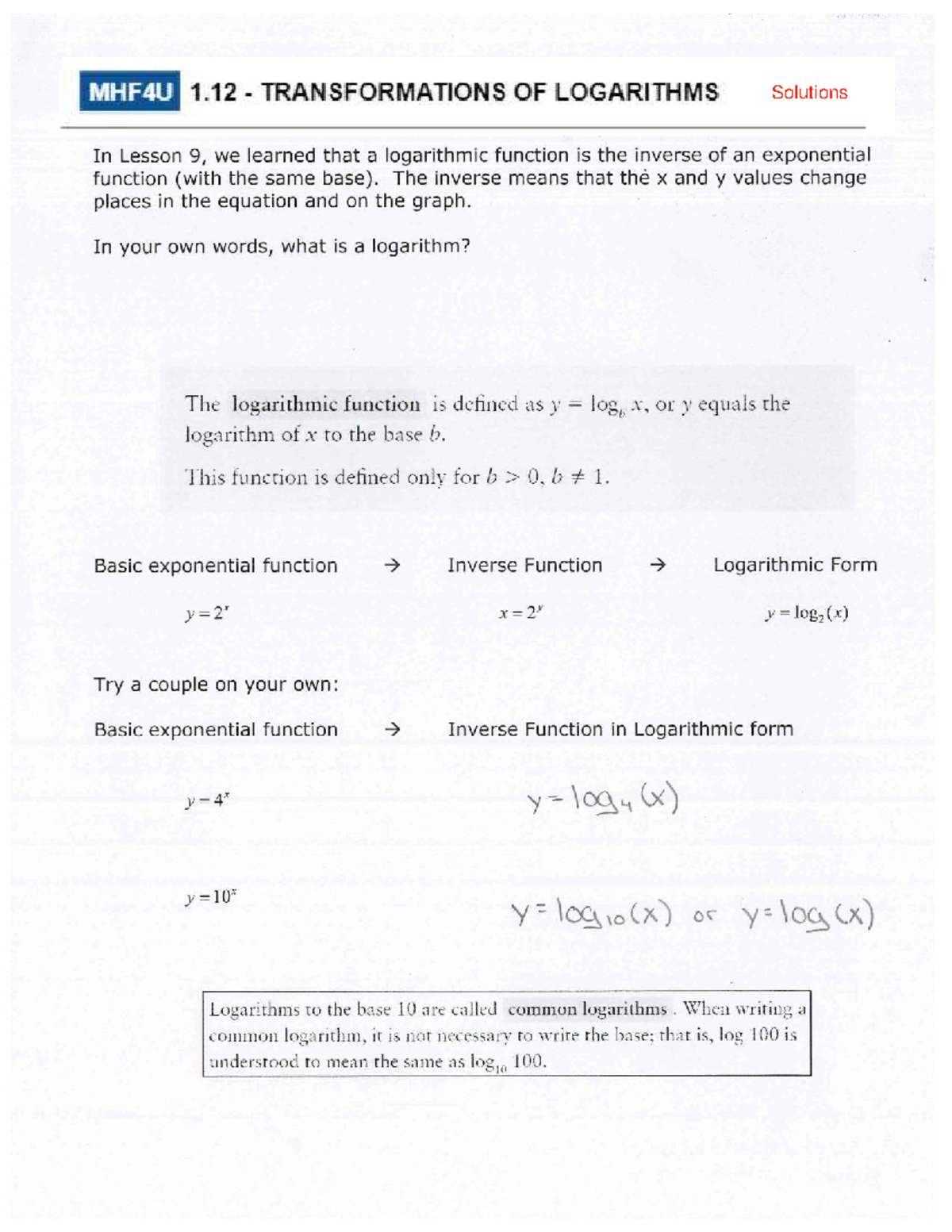 MHF4U 1.12 Solutions: Transformations of Logarithmic Functions - Studocu