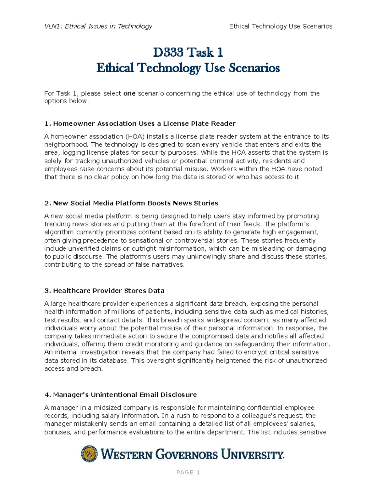 D333: Ethical Technology Use Scenarios - Task 1 Analysis - Studocu