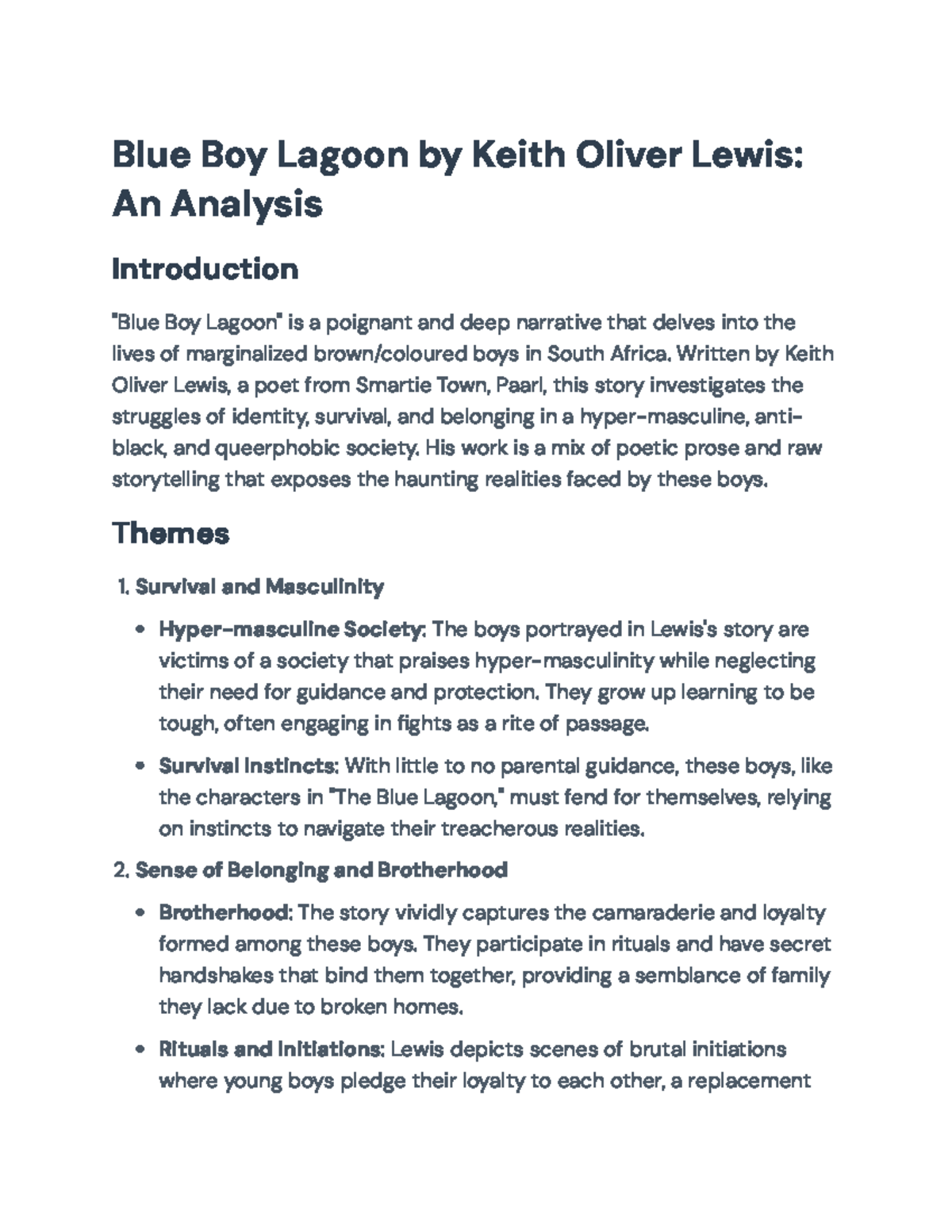 Analysis of Keith Oliver Lewis's "Blue Boy Lagoon": Themes and ...