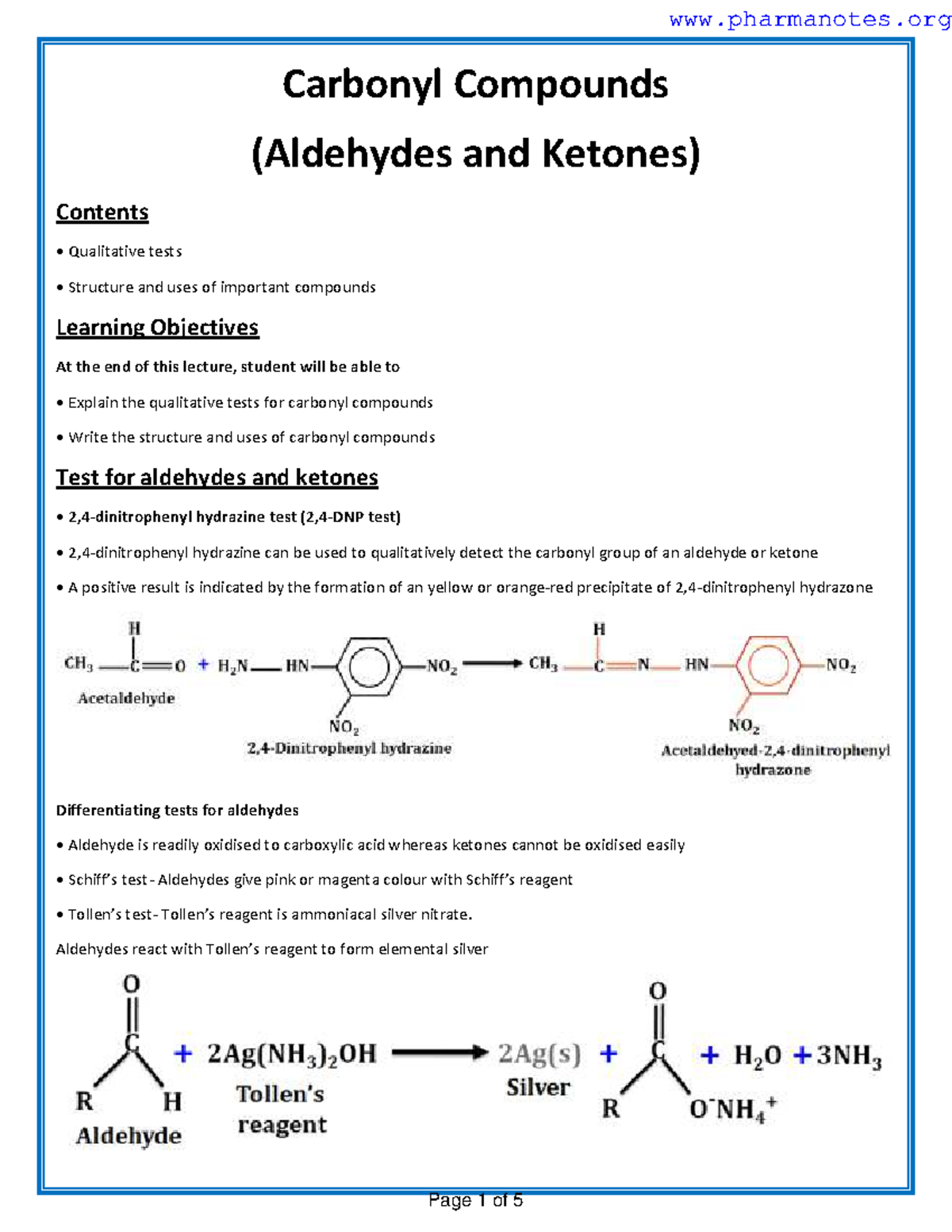 Lecture Notes on Carbonyl Compounds: Aldehydes & Ketones - Studocu