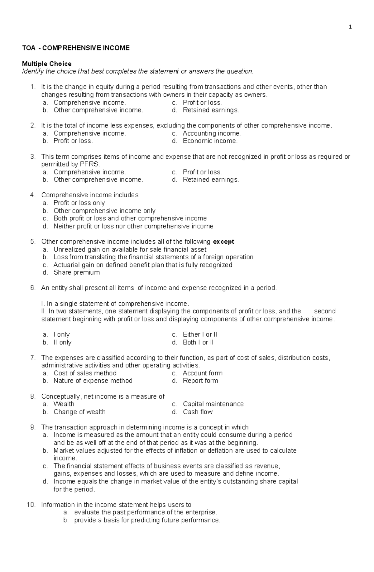 Comprehensive Income Guide - SCI Quiz & Answers - Studocu