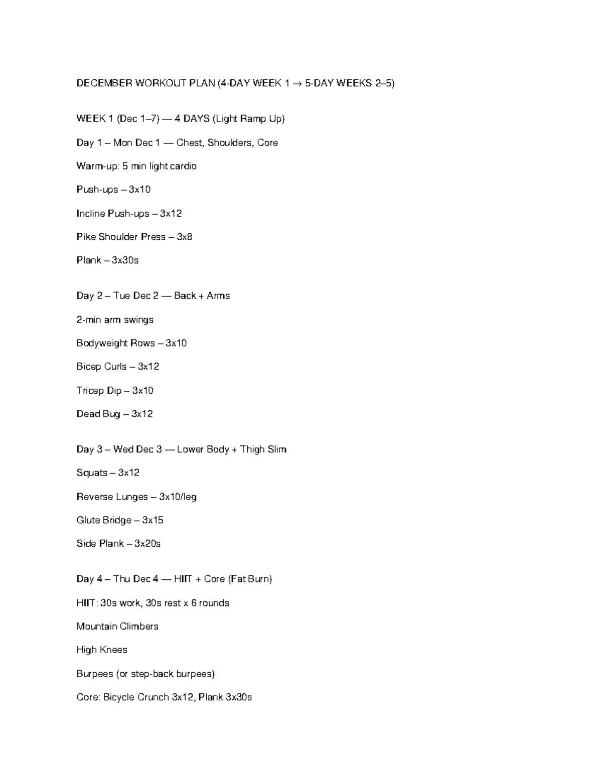December Workout Plan - Week 1 to Week 5 (Light Ramp Up) - Studocu
