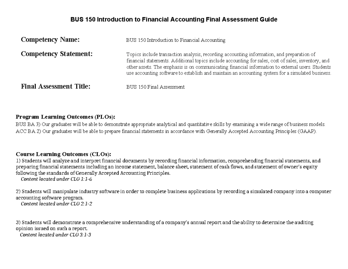 BUS 150 Final Assessment: Financial Accounting Skills Evaluation Fall ...