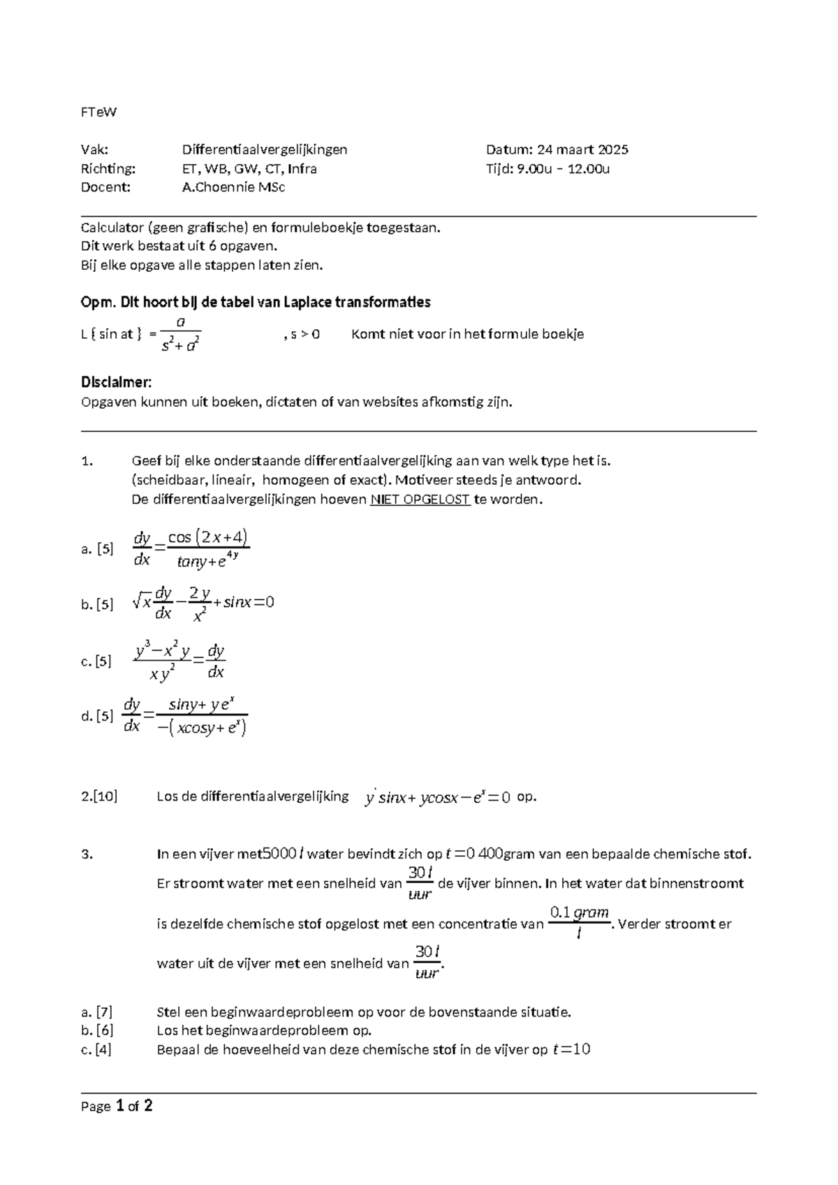 Differentiaalvergelijkingen - FTeW Vak - Docent A. Choennie MSc - Studocu
