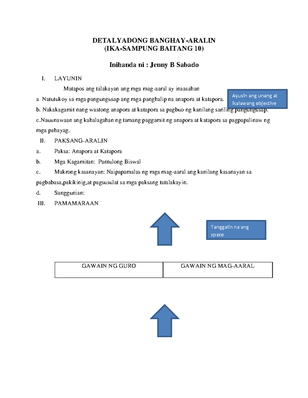 Lesson Plan: Anapora at Katapora for Grade 10 Students - Studocu
