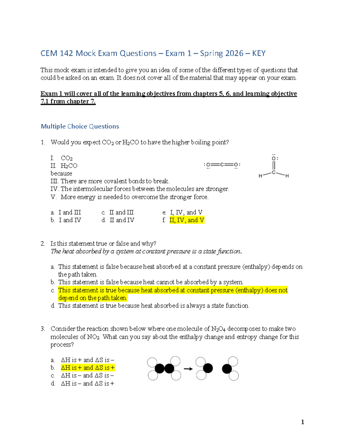 CEM 142 Mock Exam 1 Questions & Answers - Spring 2026 KEY - Studocu