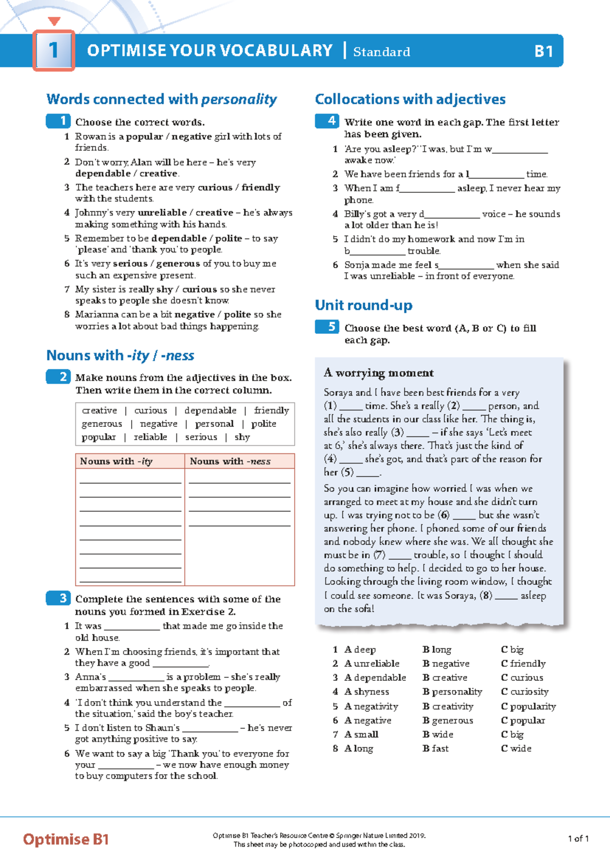 Optimise B1 Unit 01 Vocabulary: Personality & Collocations - Studocu