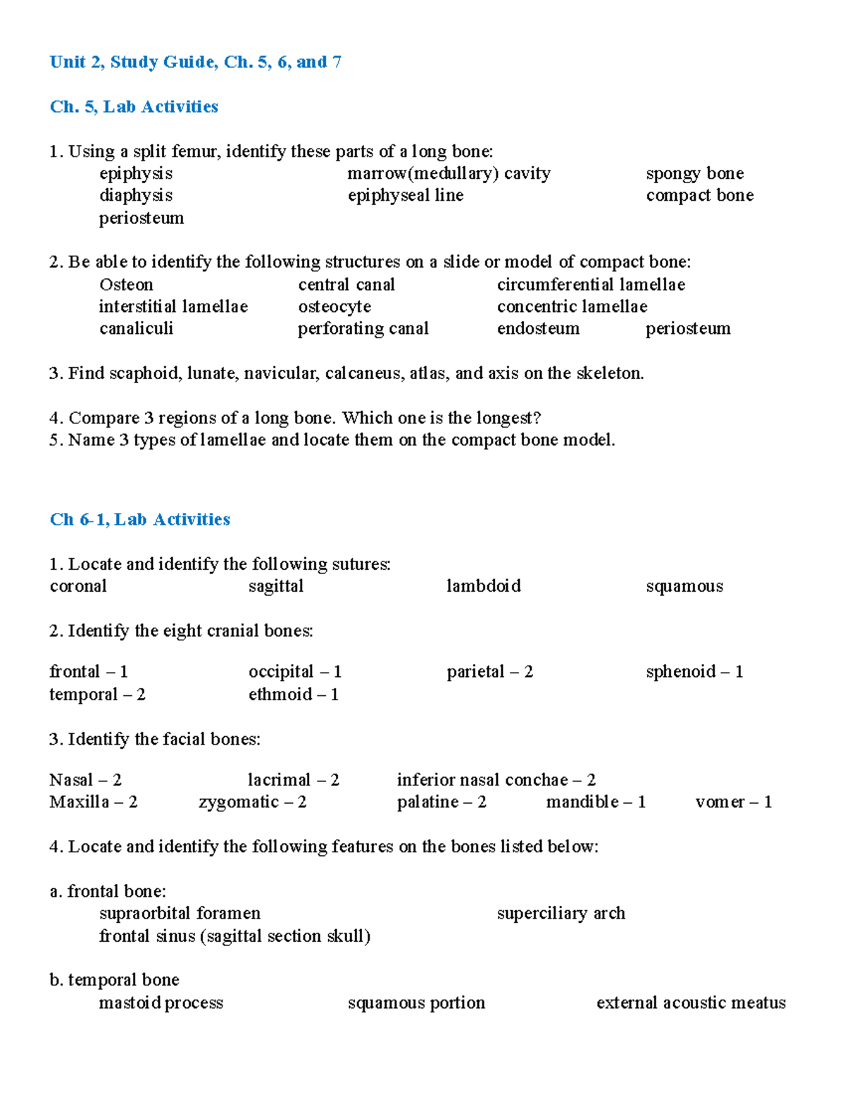 Unit 2 Study Guide: Anatomy Lab Activities for Ch. 5, 6, & 7 - Studocu