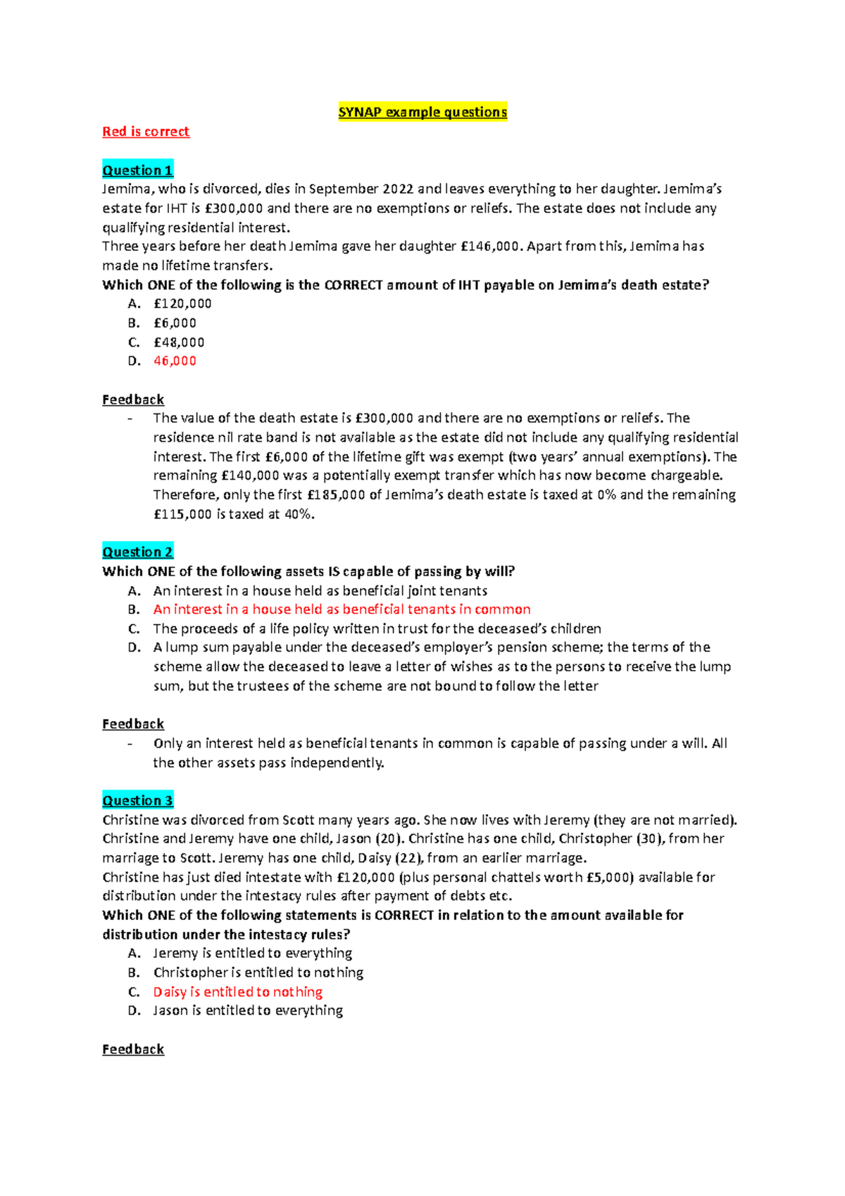 SYNAP Example Questions on Inheritance Tax and Estate Distribution ...