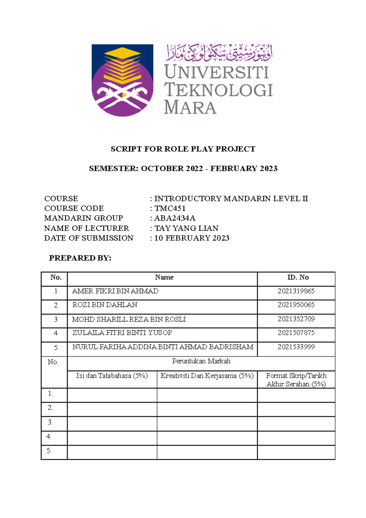 TMC 451 Role Play Script - SCRIPT FOR ROLE PLAY PROJECT SEMESTER ...