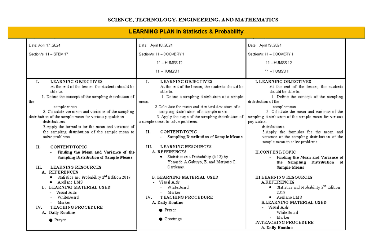 Lesson Plan in Stat and Proba - SCIENCE, TECHNOLOGY, ENGINEERING, AND ...