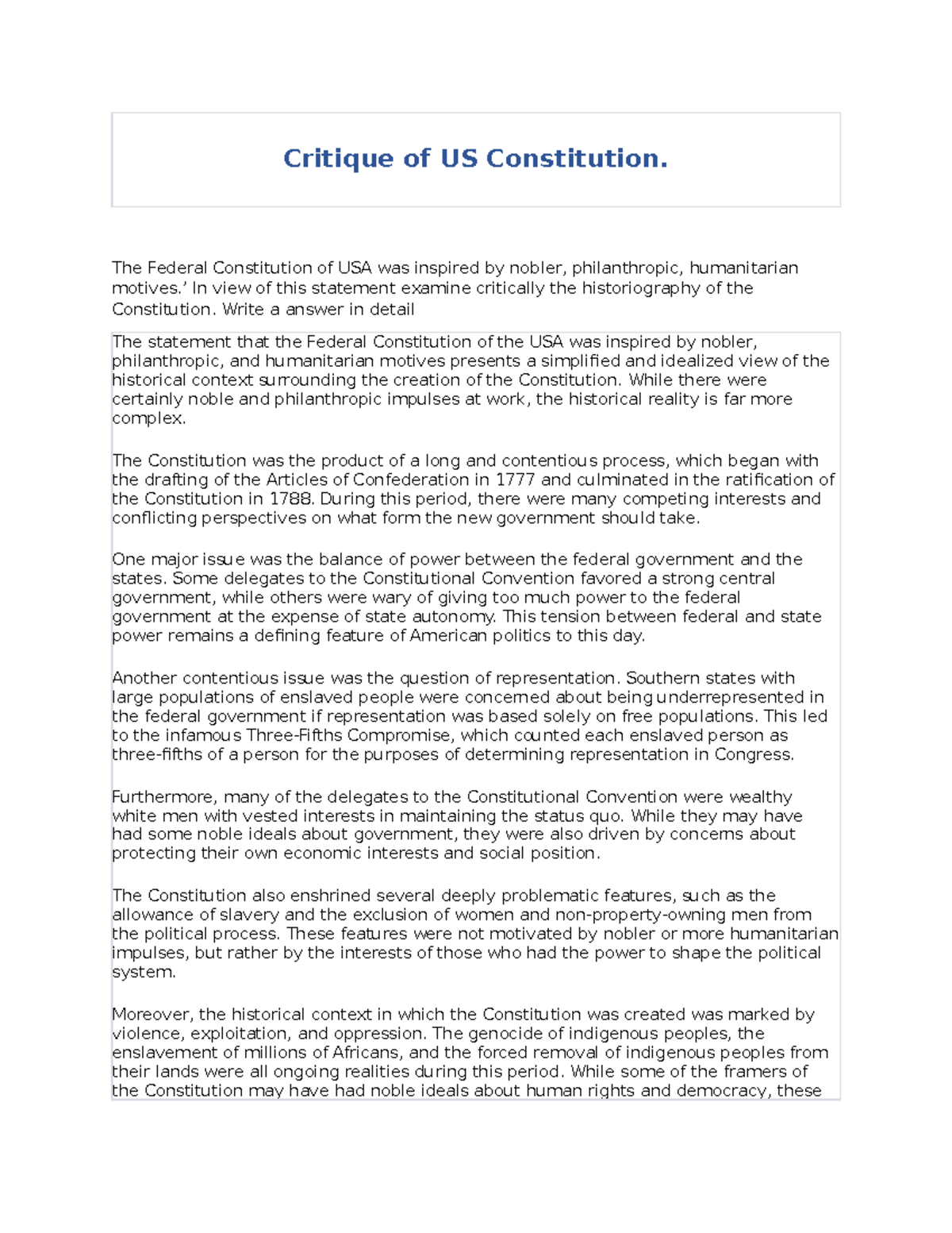 Critical Examination of US Constitution Historiography: A Complex ...