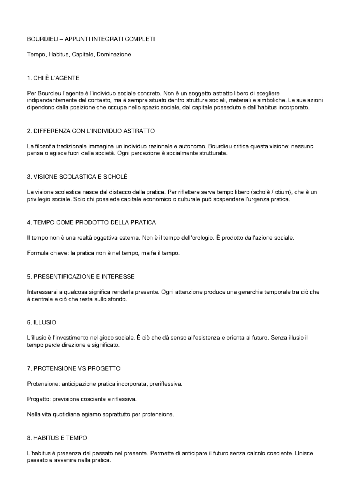 BOURDIEU: Appunti Integrati Completi su Tempo e Habitus - Studocu
