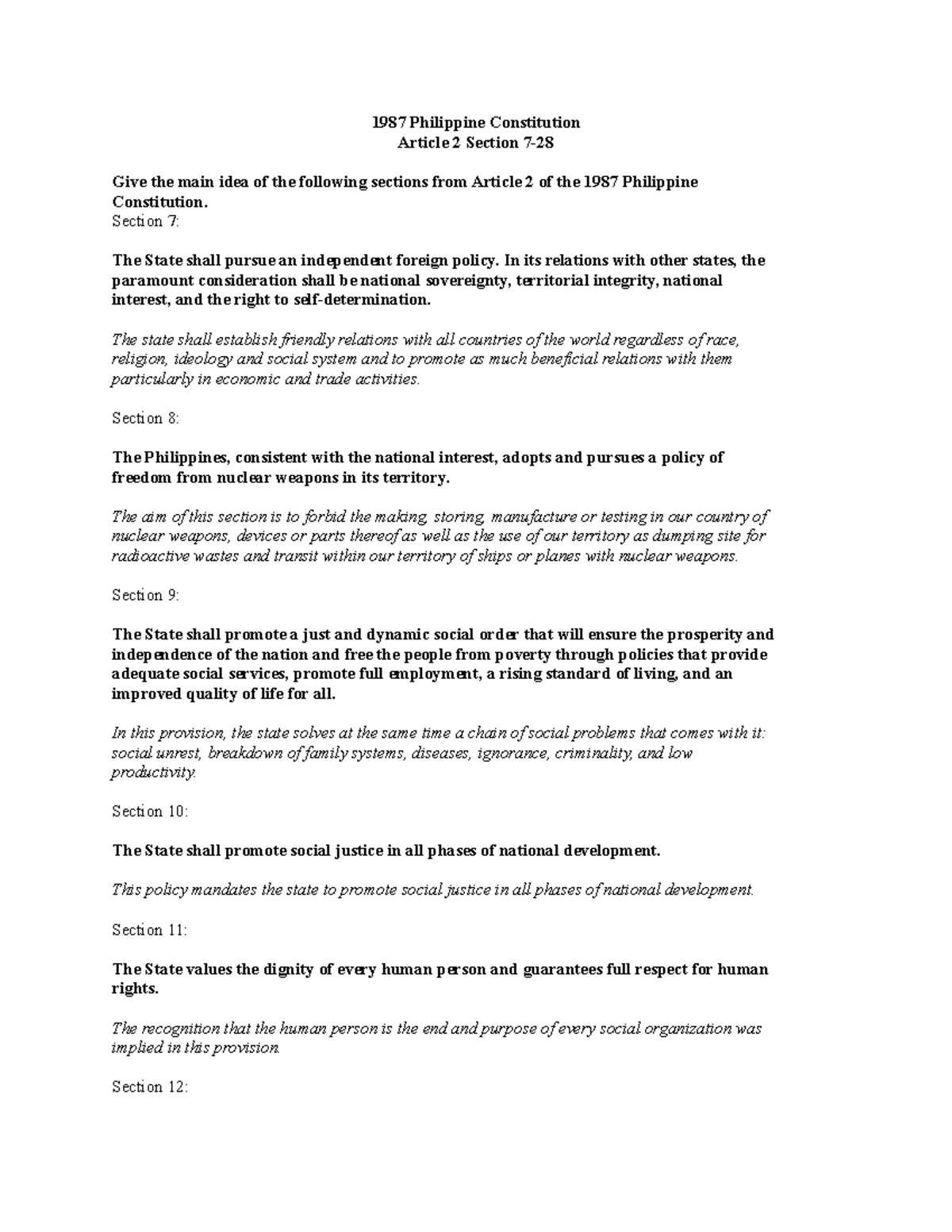Summary of Article II Sections 7-24 of the 1987 Philippine Constitution ...