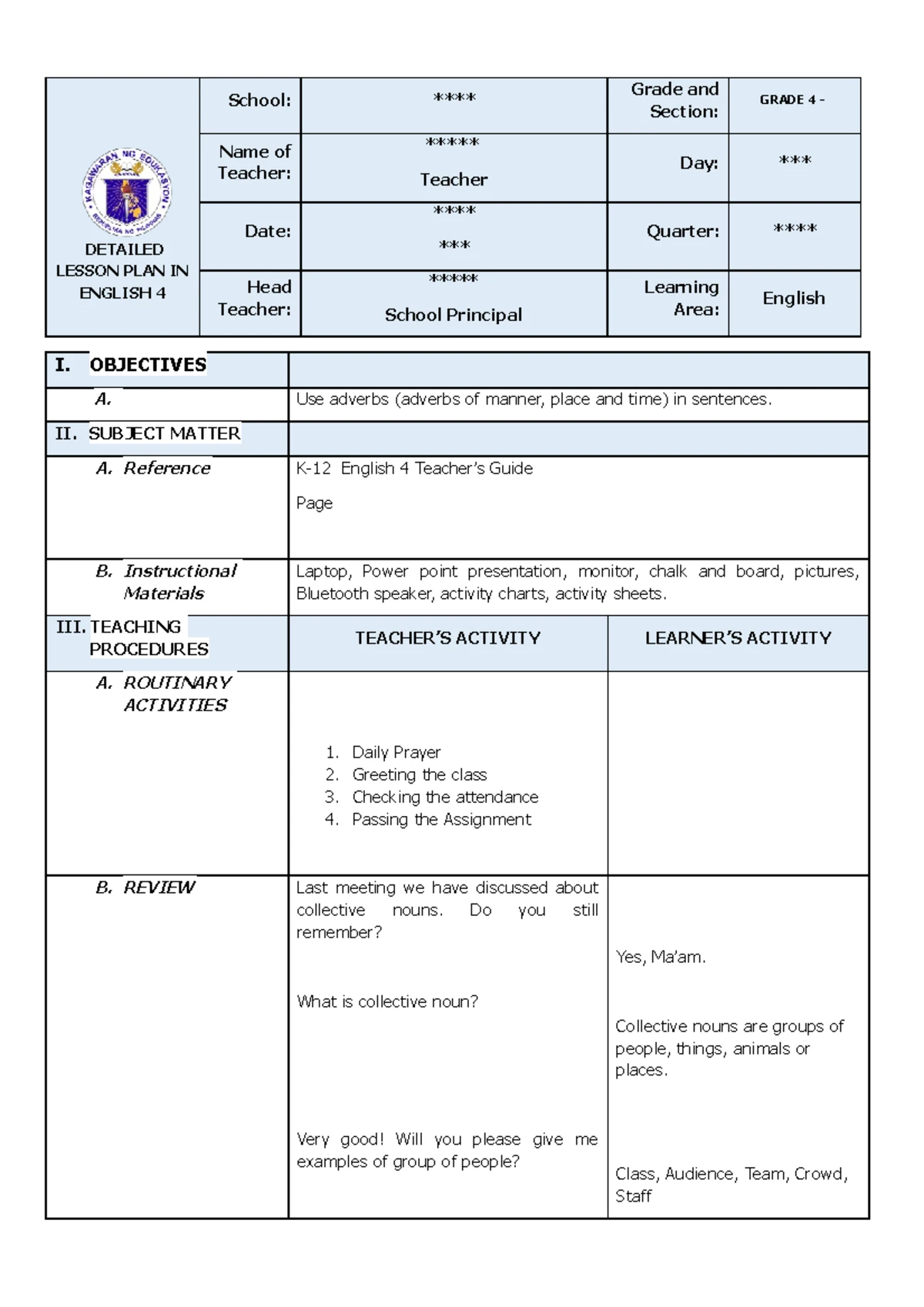 Lesson Plan in Oral Communication 11: Types of Speech Styles - Studocu