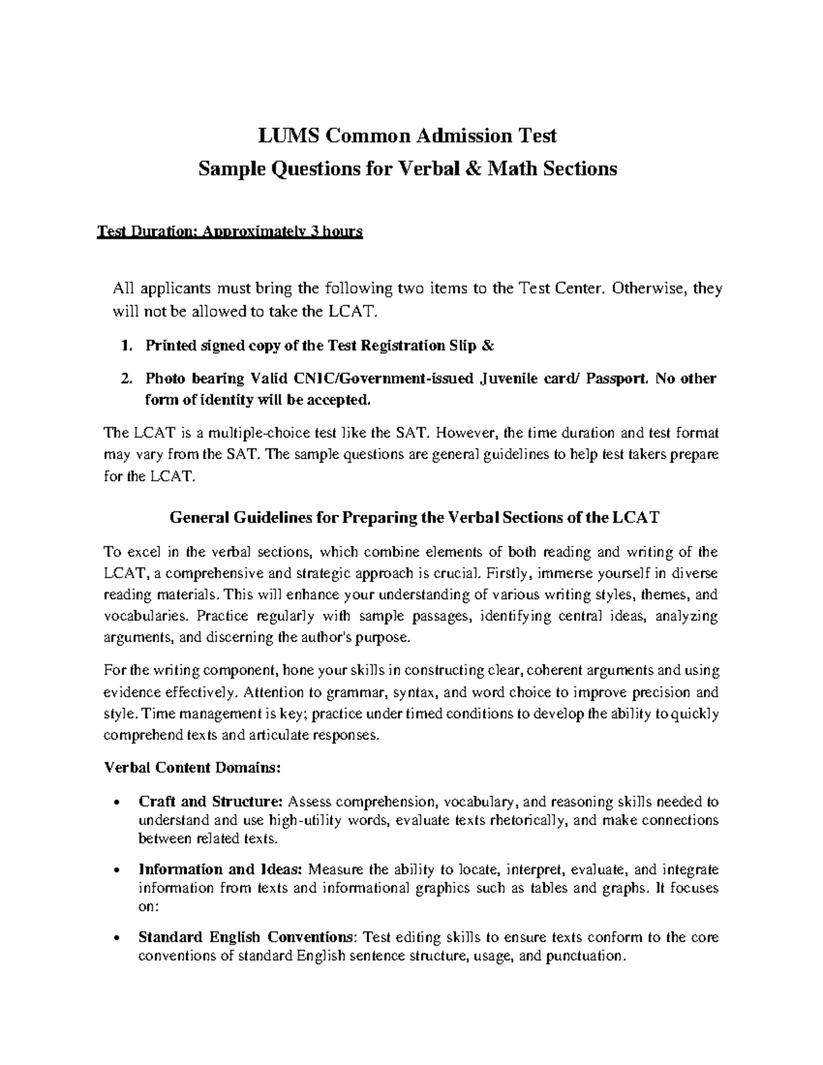 LUMS LCAT Sample Questions: Verbal & Math Sections Guide - Studocu