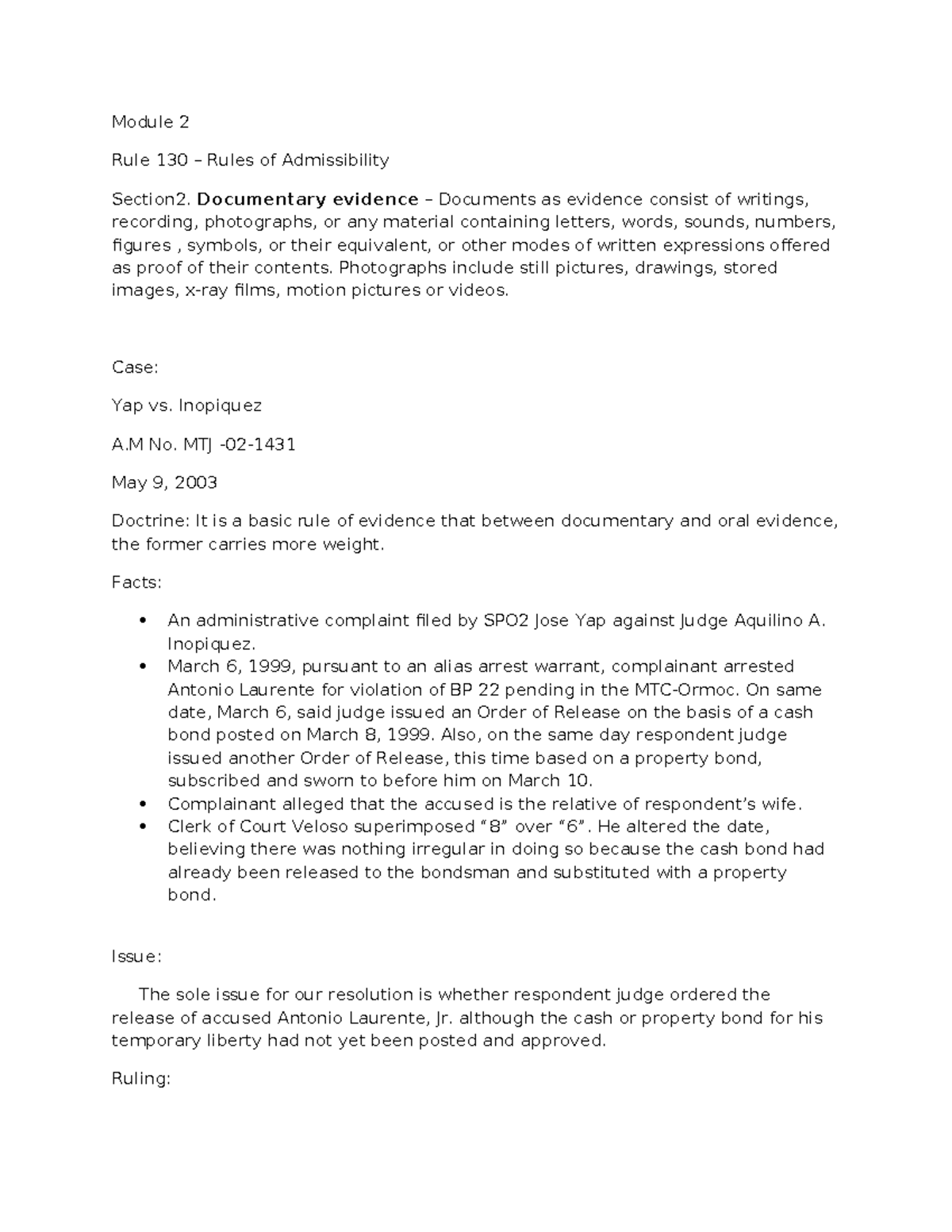 Module 2: Rule 130 on Admissibility of Documentary Evidence - Case ...