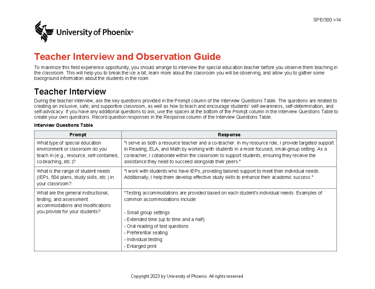 SPE/300 v Teacher Interview & Observation Guide for Inclusive ...
