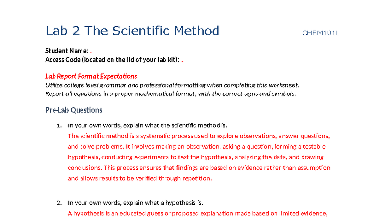 CHEM101L Lab 2: Understanding the Scientific Method - Studocu