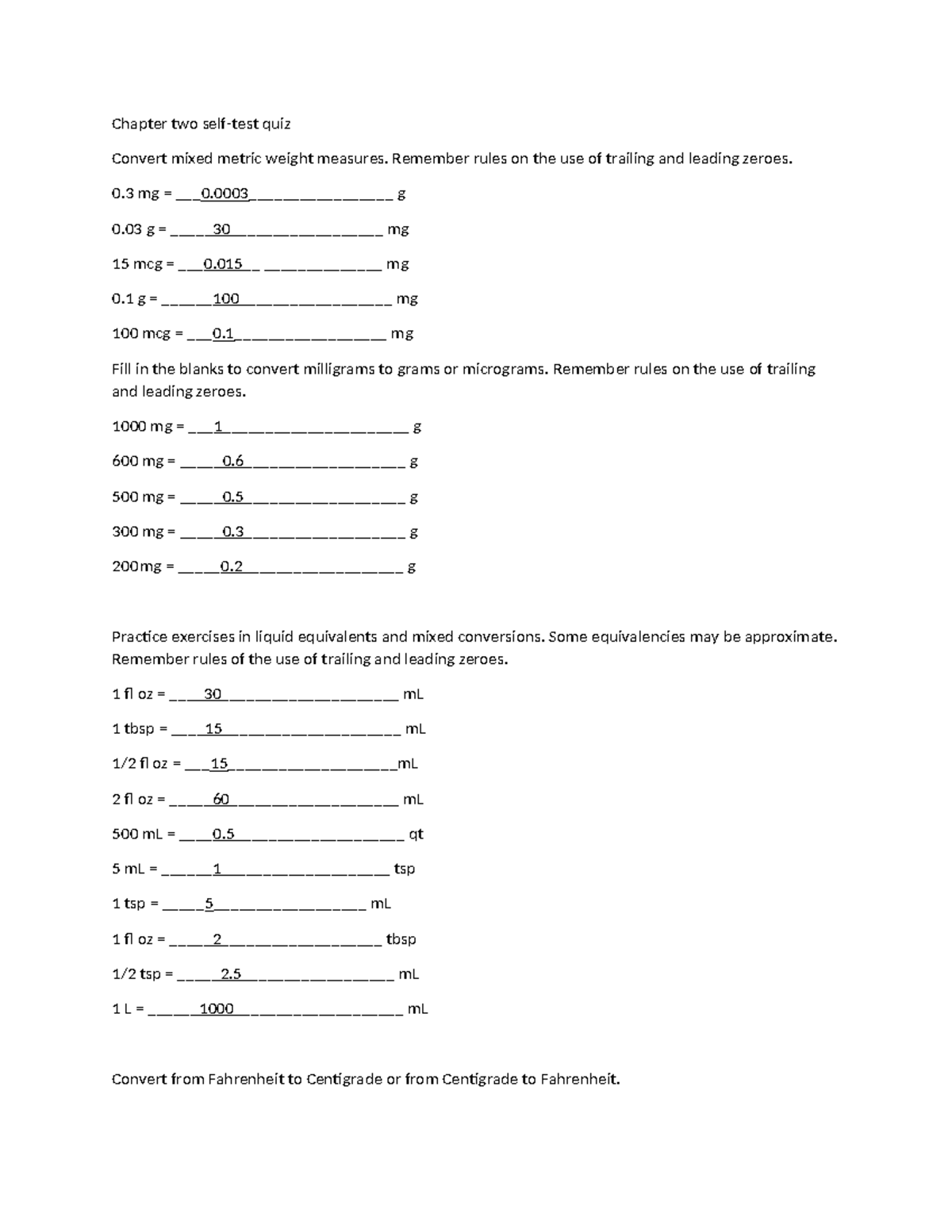 Med Math Worksheet: Chapter 2 Quiz on Metric Conversions - Studocu