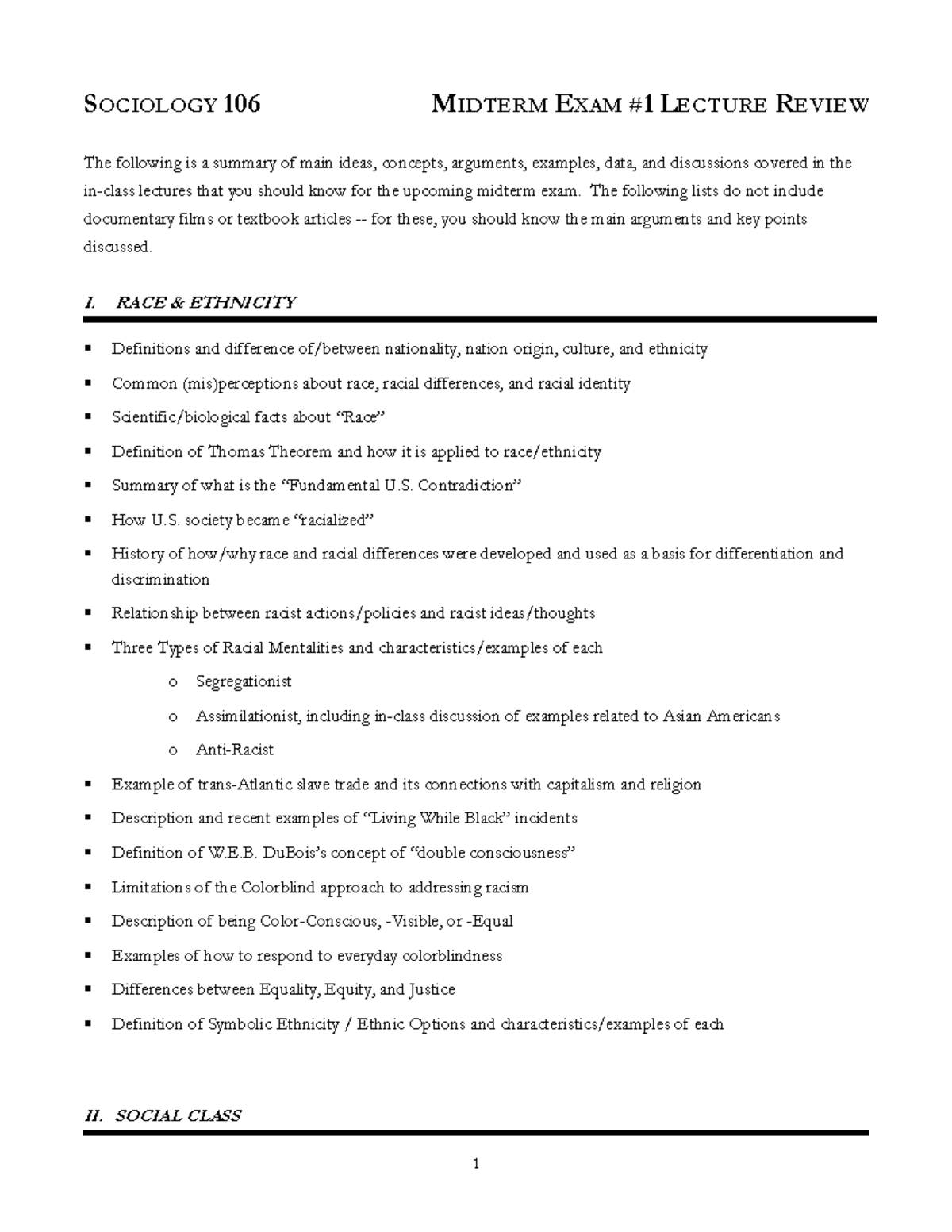 Sociology 106 Midterm Exam #1 Lecture Review Summary - Studocu