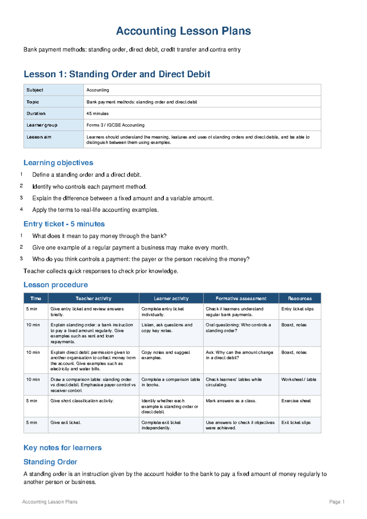 Accounting Lesson Plans: Bank Payment Methods - Standing Orders ...