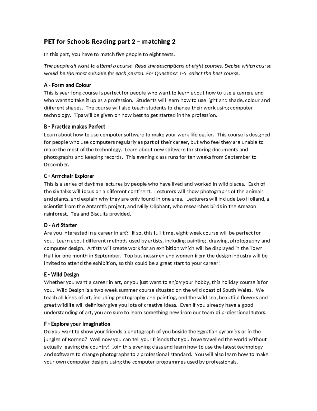 PET for Schools Reading Part 2: Course Matching Exercise - Studocu