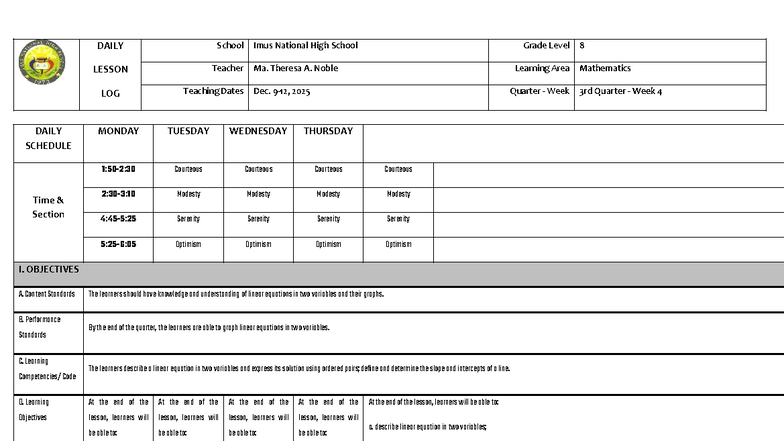DLL-Q3-W3 (Nov 24-28) - Math 8 Lesson Plan on Linear Equations - Studocu