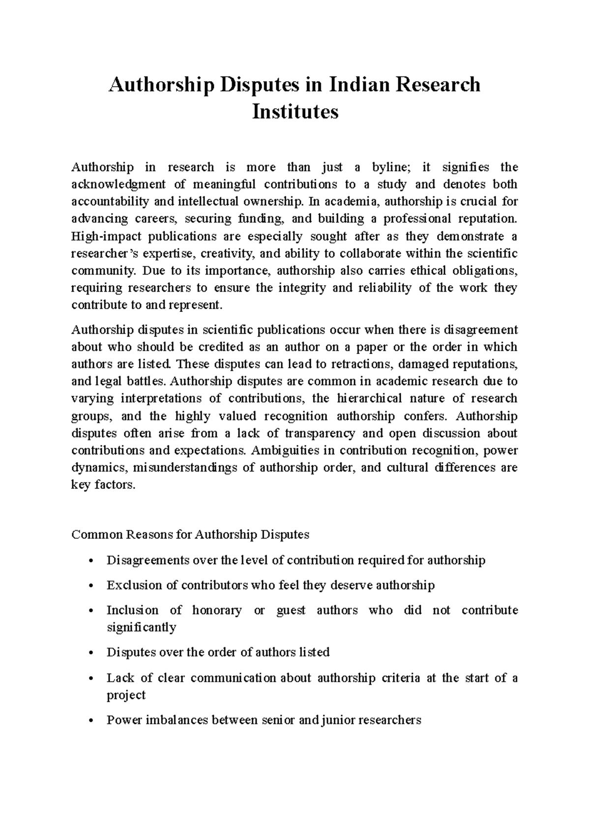 Authorship Disputes in Indian Research: Issues, Cases, & Reforms - Studocu